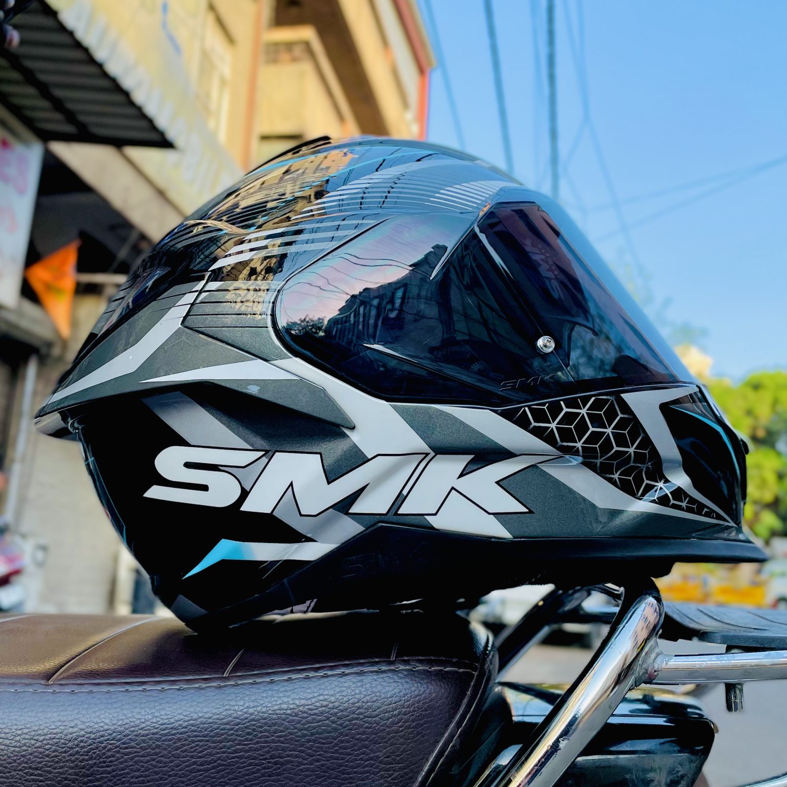 SMK Titan Slick Fiber Glass style decor GL265 Gloss Black Grey/Blue Dual Visor full face Helmet ...