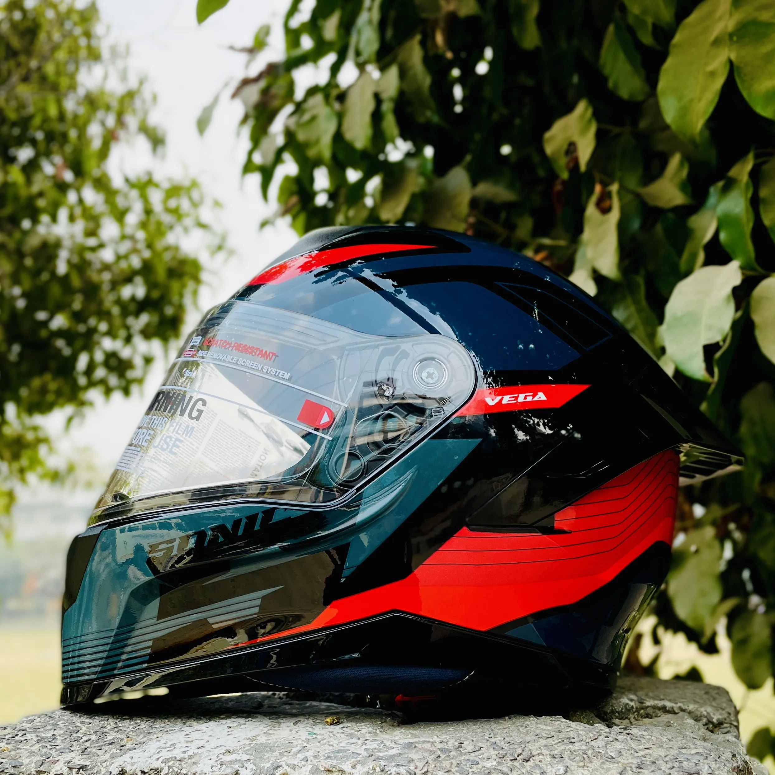 Vega Sonic Trigger Full Face Helmet ISI Certified Black Red with Clear Visor & Spoiler - Sarkkart